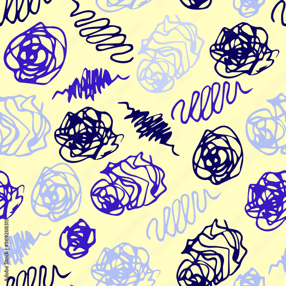 Abstract vector seamless pattern. Blue doodles, spiral, scribbles ...