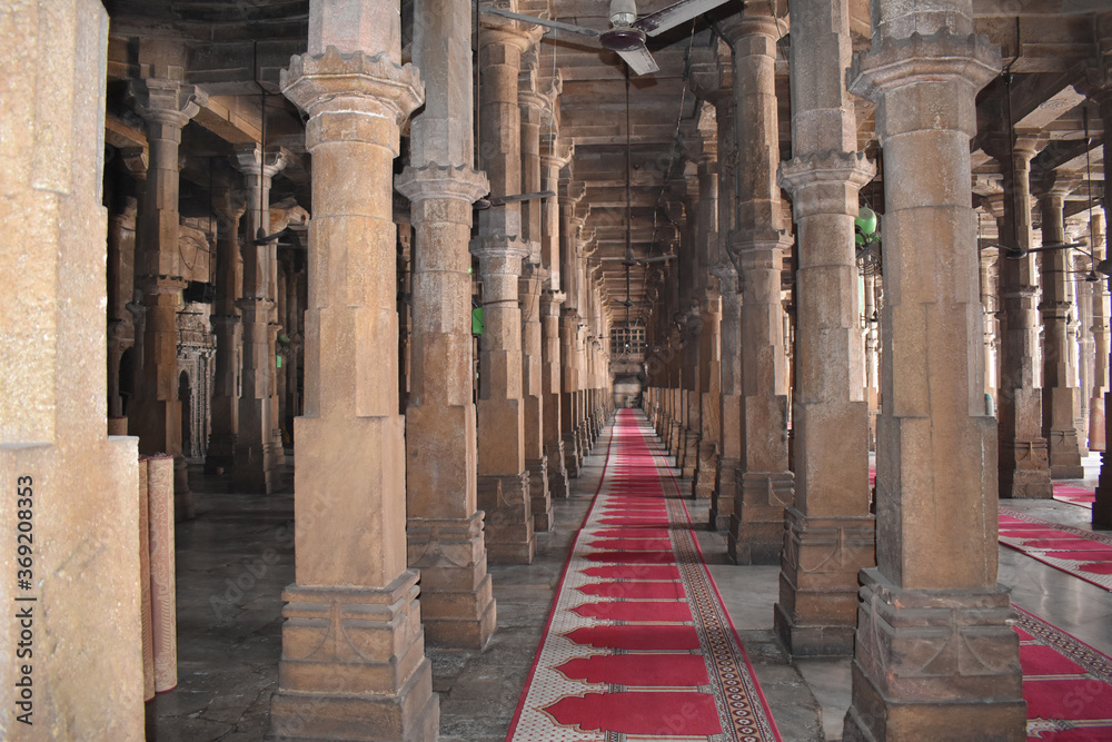 Interior corridor and pillars of Jami Masjid or Friday Mosque. Built in ...