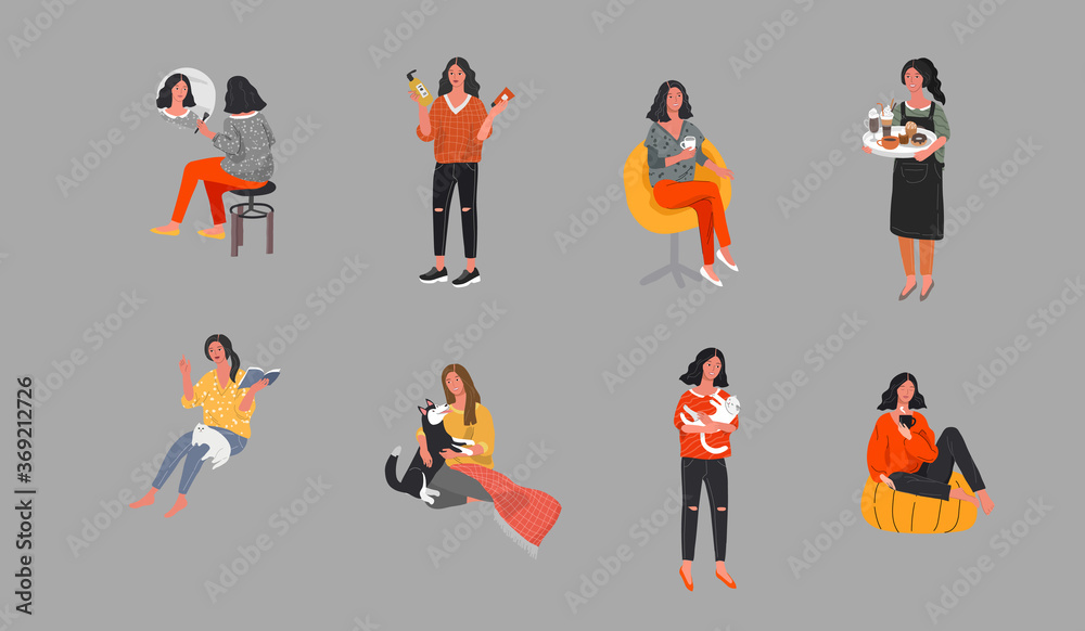 Set of beautiful girl character in daily life scenes. Young woman ...