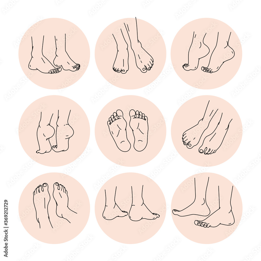 Collection of bare human man and woman feet pairs arranged in different ...