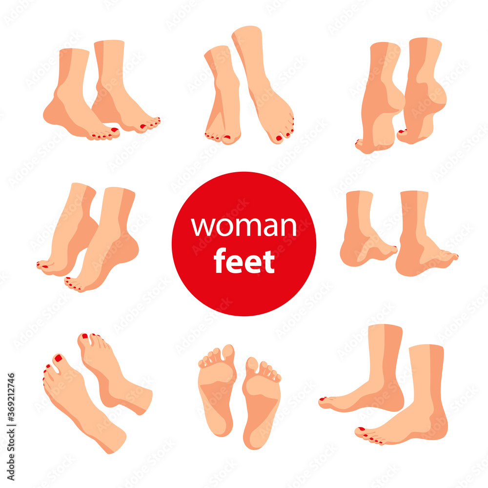 Collection of bare woman feet pairs with nails painted red arranged in ...