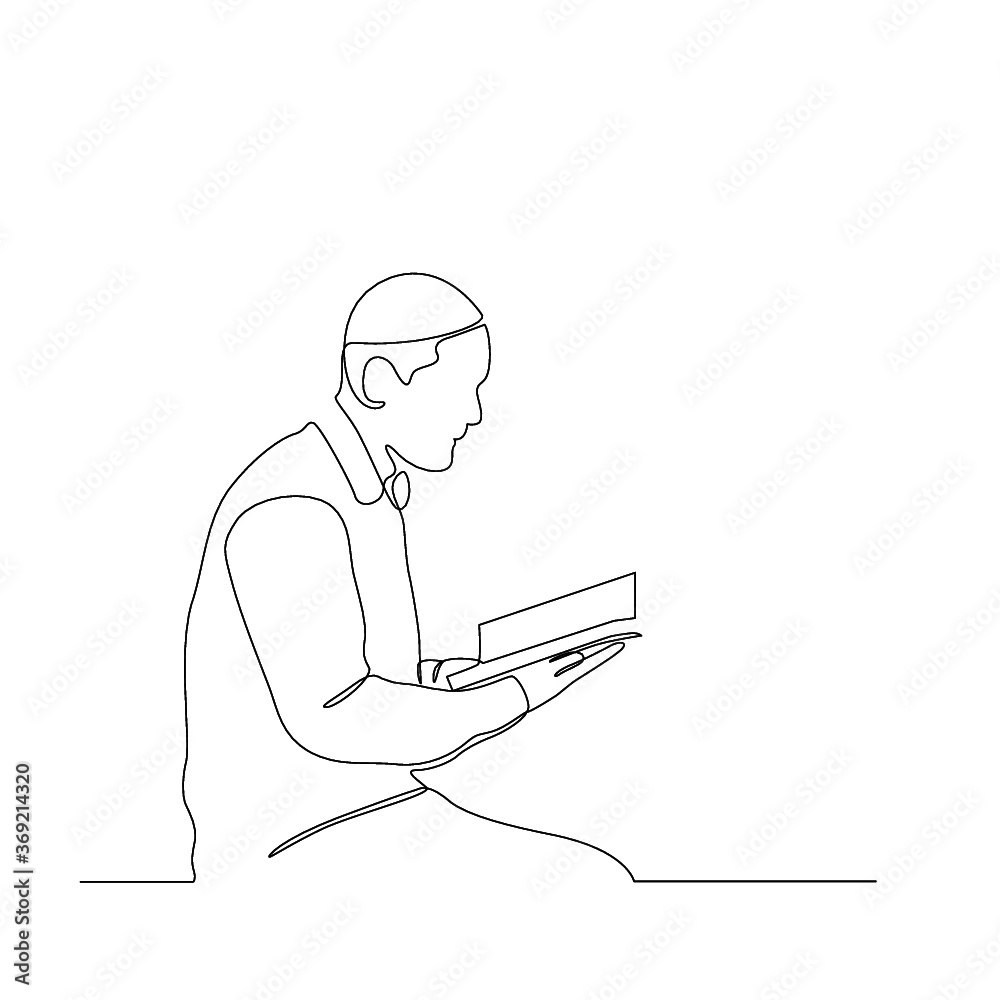 Vetor de Single continuous line drawing of young muslim person reading ...