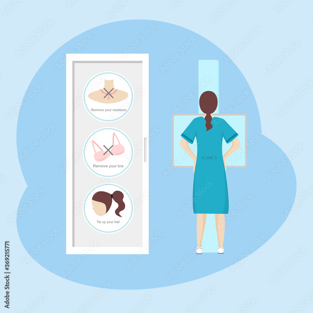 Chest/lung x- ray examination with right posture and advice signs/logo ...