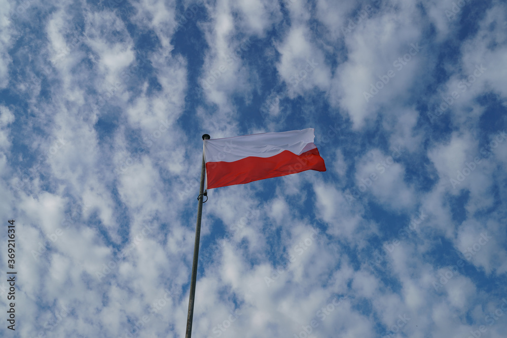 Photography of Poland flag. Blue sky with white fine clouds as ...