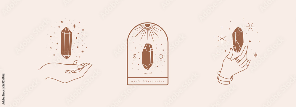 Set of mystical symbols for spiritual practices. Magic crystals quartz ...