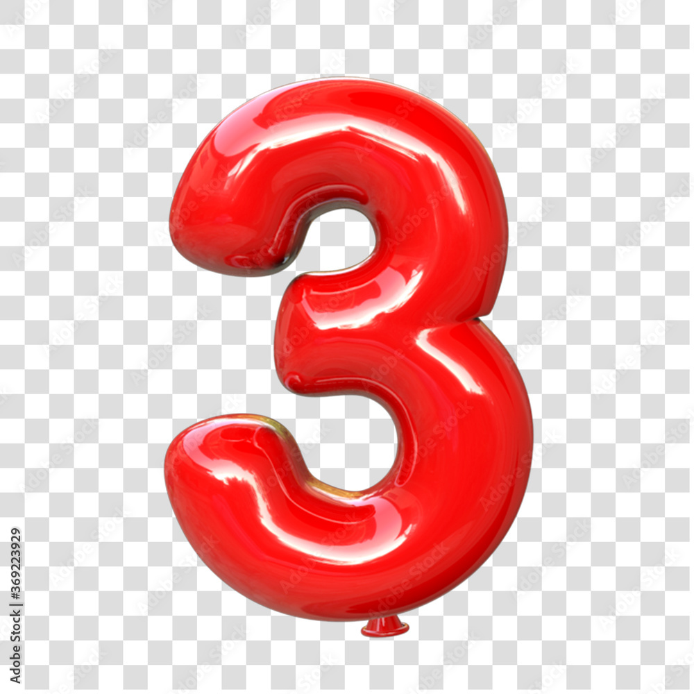 Number three red glossy style. 3d illustration. Transparent background ...