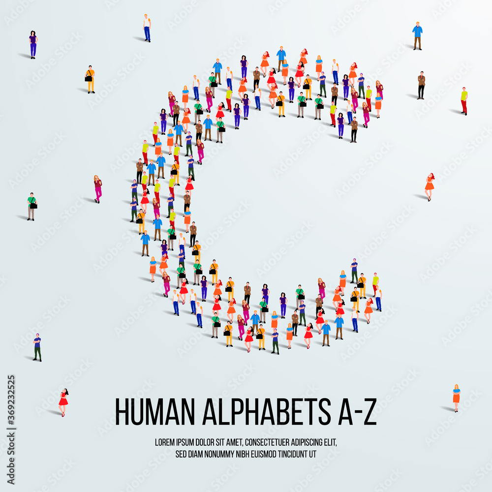 large group of people form to create capital letter C. clean vector ...