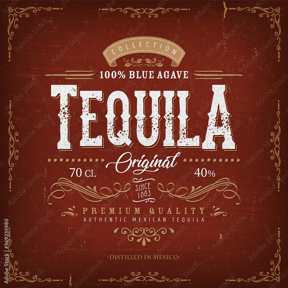 Vintage Mexican Tequila Label For Bottle/ Illustration of a vintage ...