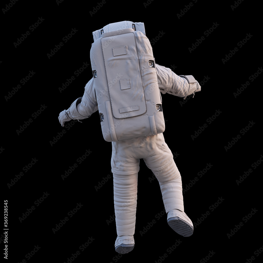 astronaut during spacewalk, isolated on black background, back view ...
