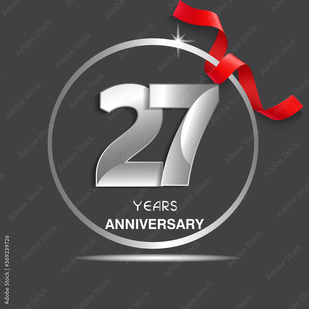27 years anniversary logotype design with red ribbon, Vector template ...