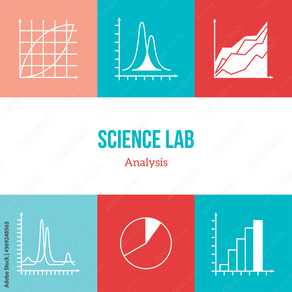 Flat line icons set of chemistry symbols and objects. Data analysis ...