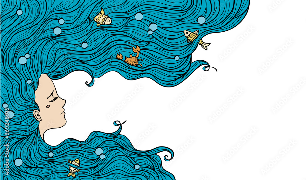 Girl with blue hair, like water waves with fishes and crab. Vector ...