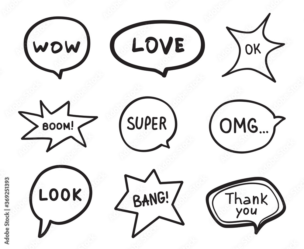 Speech bubble on white. Hand drawn think and talk speech bubbles. Black ...