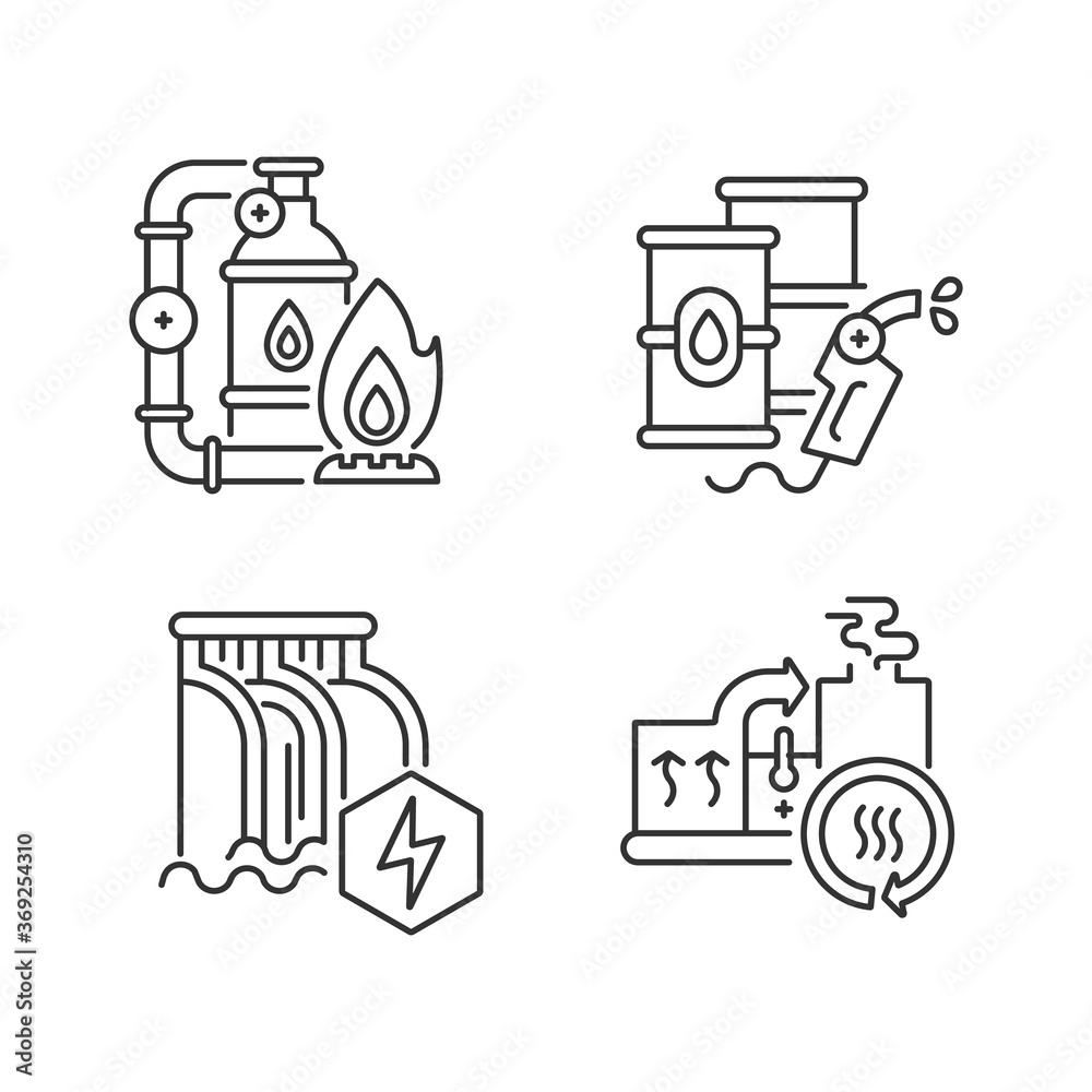 Power manufacturing linear icons set. Gas extraction, petroleum ...
