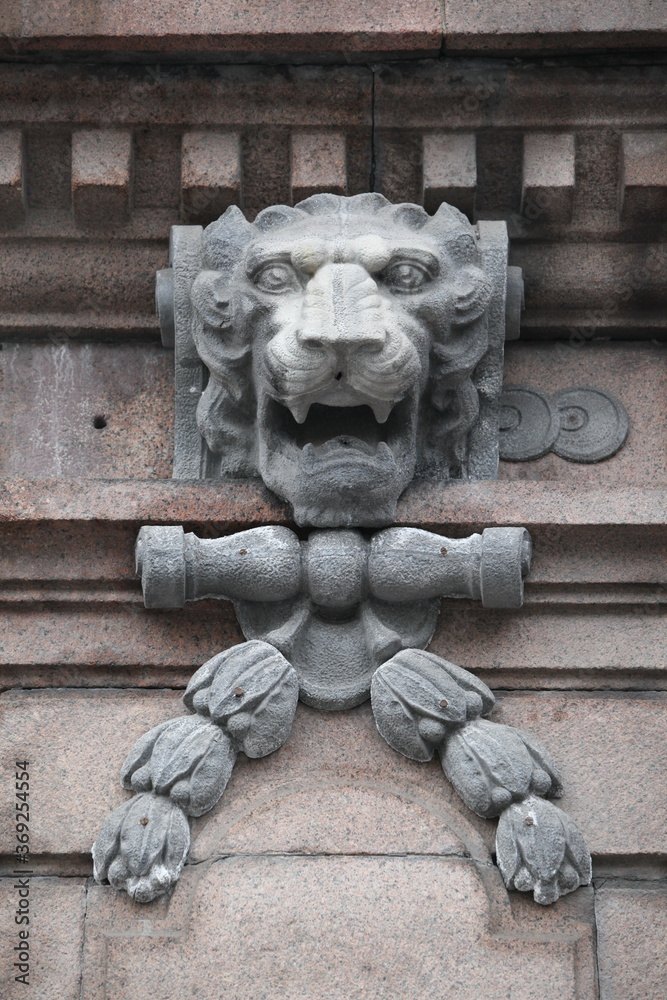 Lion on old facade of house in Moscow city, Russia. Exterior of ancient ...