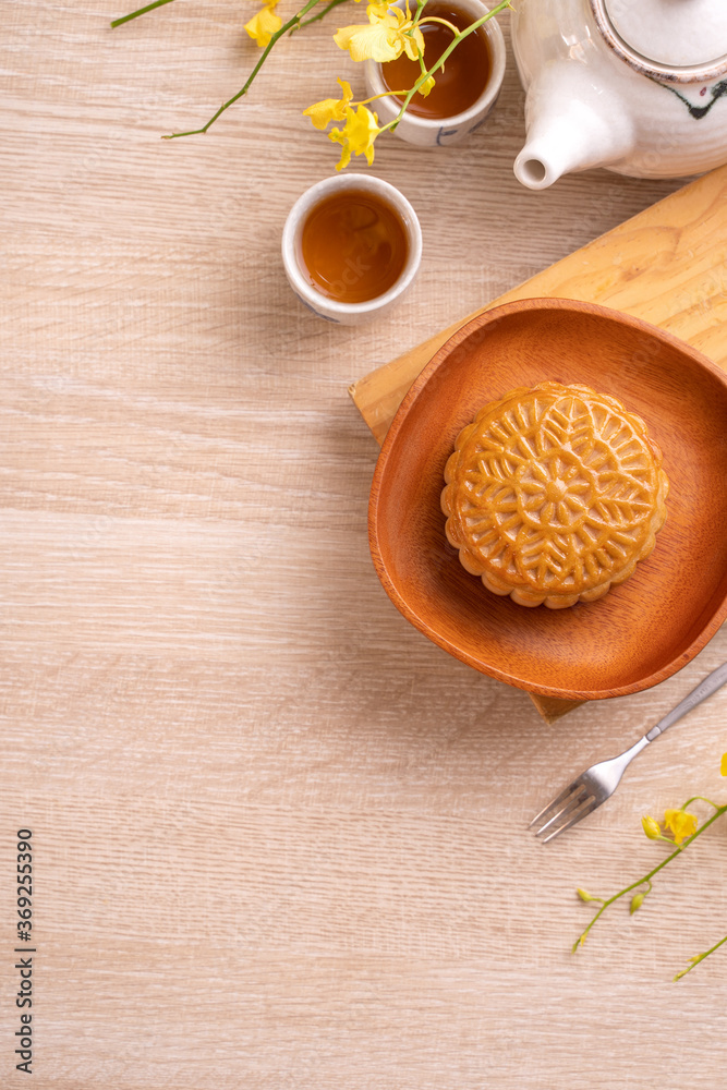 Mid-Autumn Festival holiday concept design of moon cake, mooncakes, tea ...