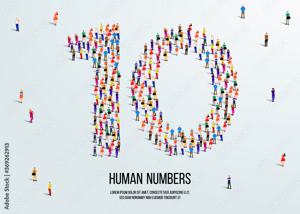 large group of people form to create number 10 or ten. people font or ...