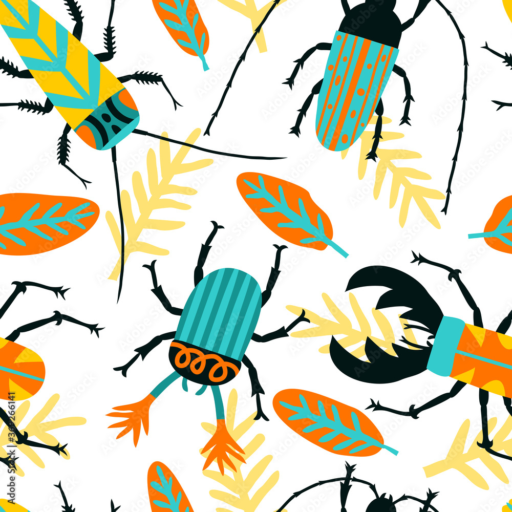 Hand drawn seamless pattern with exotic beetle, bug, cockroach, leaves ...