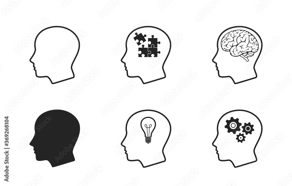 human head icon set. mind process and business solutions symbol. web ...