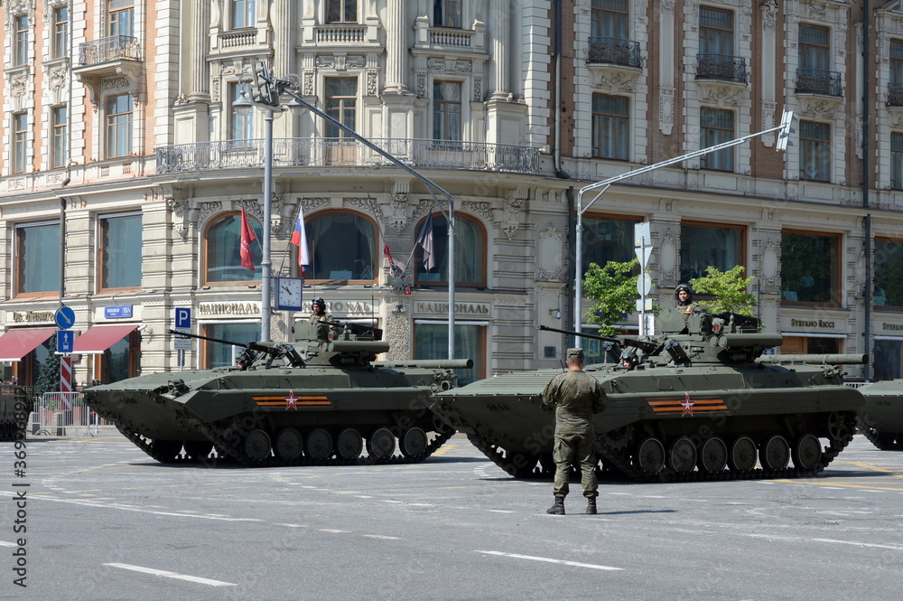 Upgraded infantry fighting vehicle BMP-2M on Tverskaya street during the dress rehearsal of the ...
