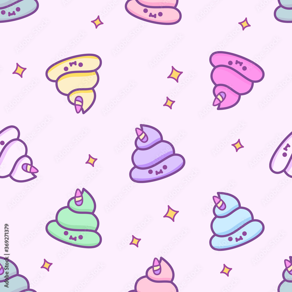 Seamless isolated pattern with cute kawaii poop with unicorn horn ...