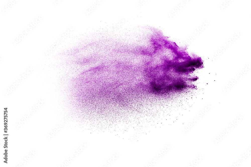Purple color powder explosion on white background.Purple dust particles ...