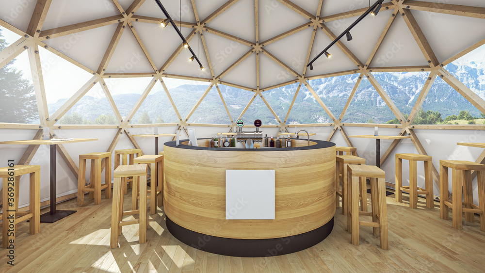 Modern wooden geodesic dome tent restaurant interior in mountains ...