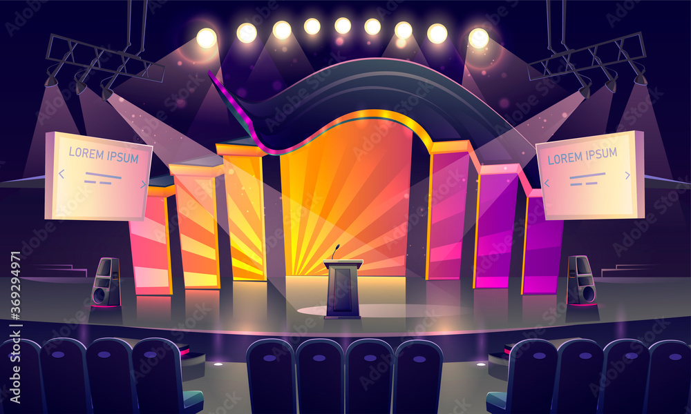 Stage with tribune, bright decoration and spotlights. Vector cartoon ...