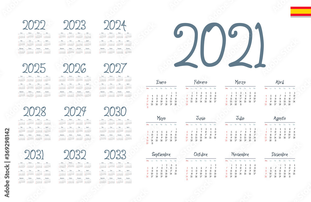 Spanish calendar 2021 - 2033 on white background, week starts on Sunday ...