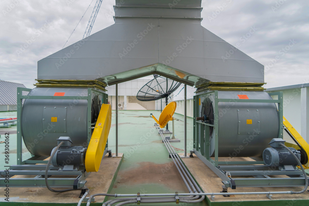 Chiller tower or cooling tower on rooftop of a office building. System ...