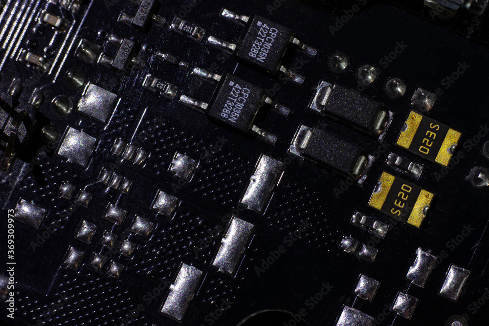 Black motherboard (PCB) digital chip. Technical science background ...