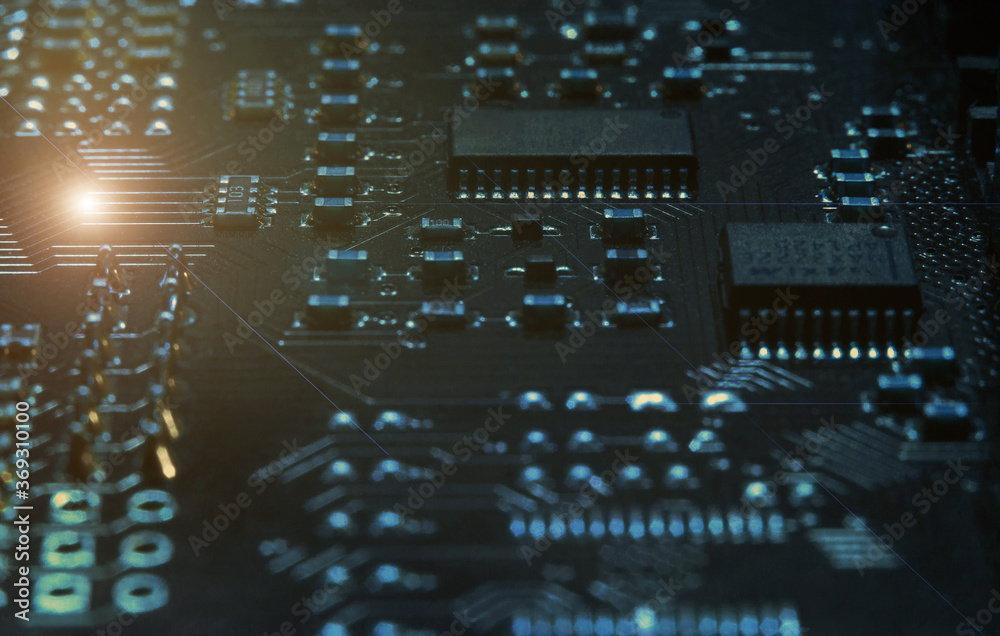 Fragment and components of a motherboard (PCB) of computer technology ...