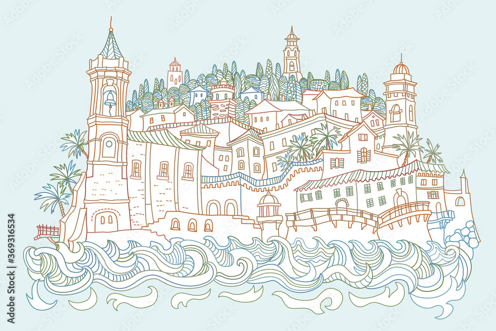 Vector fantasy urban Mediterranean landscape with sea waves, medieval ...