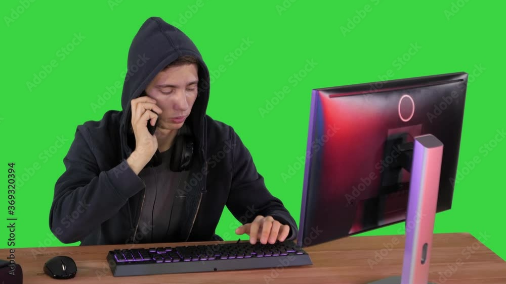 Experienced hacker answers someones call on a Green Screen, Chroma Key ...