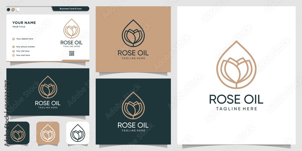 Rose oil logo design with line art style and business card design ...