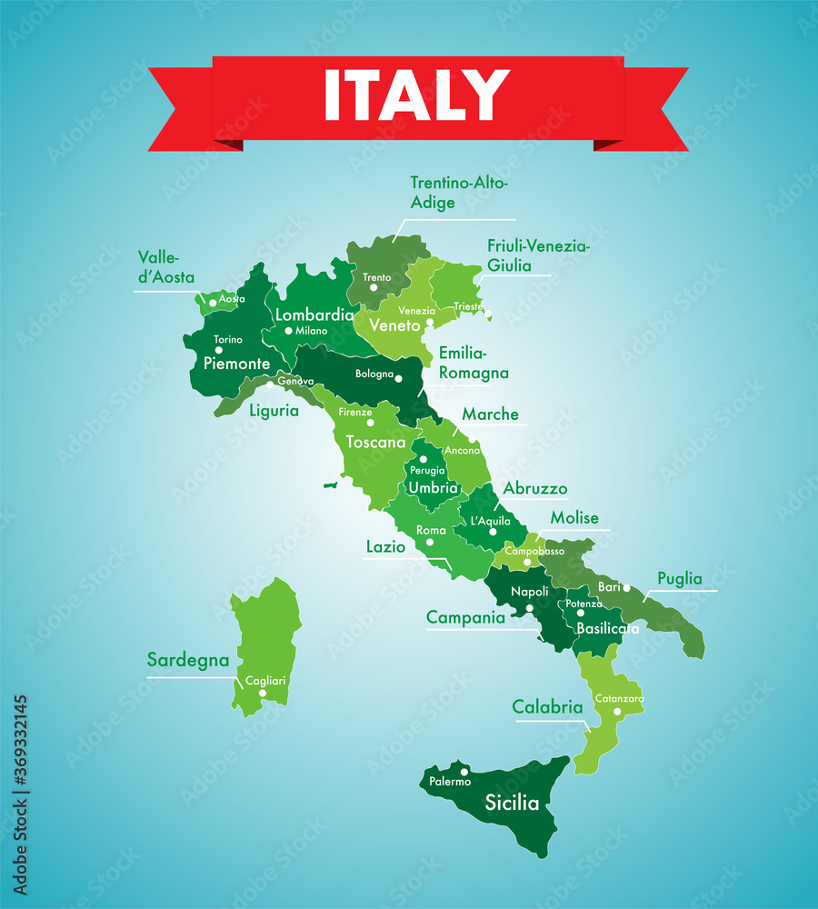 Map of italy with regions and their capitals vector illustration Stock ...