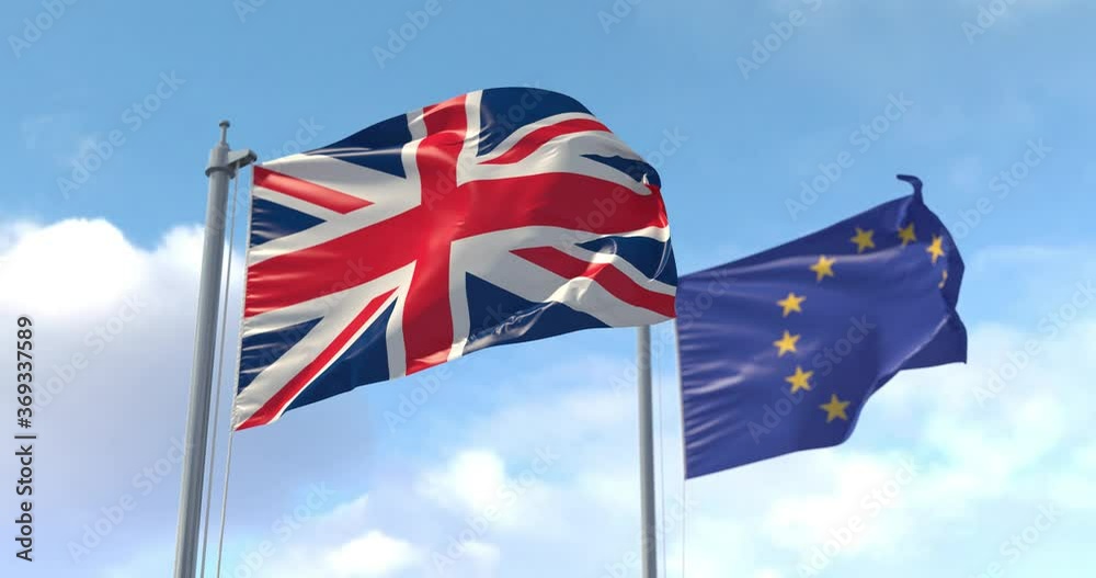 Britain and EU flag on flagpole. UK and European Union Flag in Slow ...