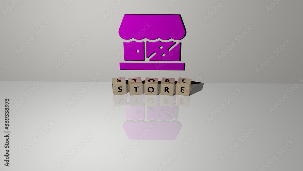 3D representation of store with icon on the wall and text arranged by ...