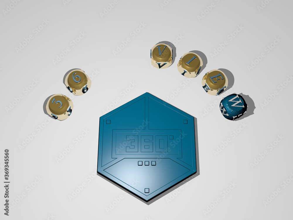 3D representation of 360 view with icon on the wall and text arranged ...