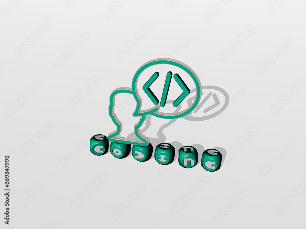 3D representation of coding with icon on the wall and text arranged by ...