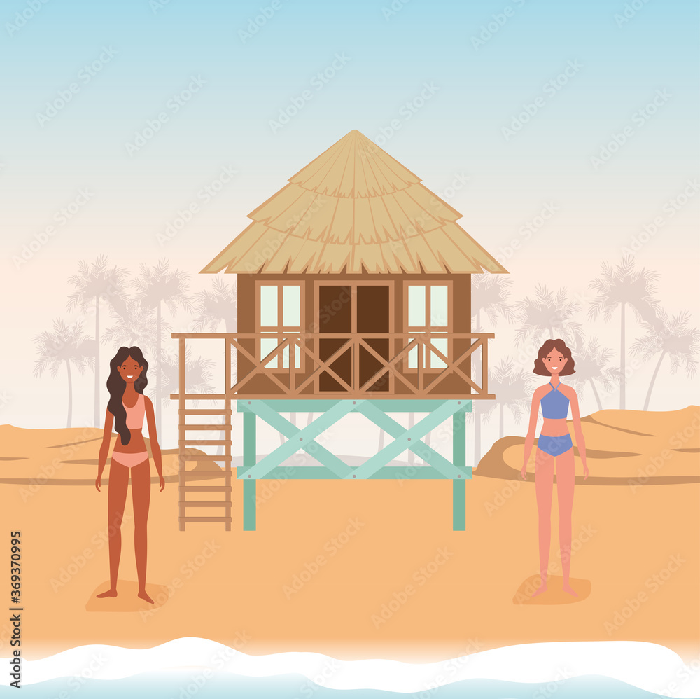 Girls cartoons with swimsuit at the beach with hut design, Summer ...