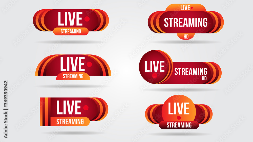 Set of live video streaming icons logo tv news banner interface.Red ...