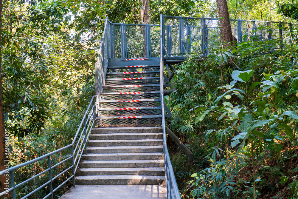 Canopy walkway staircase with mind your step sign with tree background ...