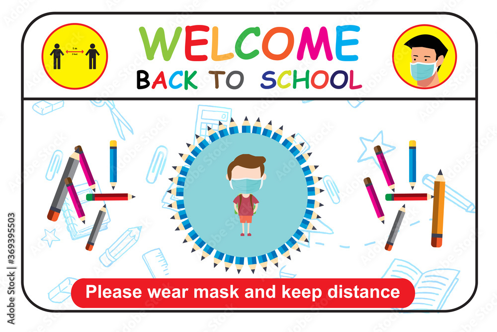 welcome back to school, keep your distance and wear a mask. vector ...