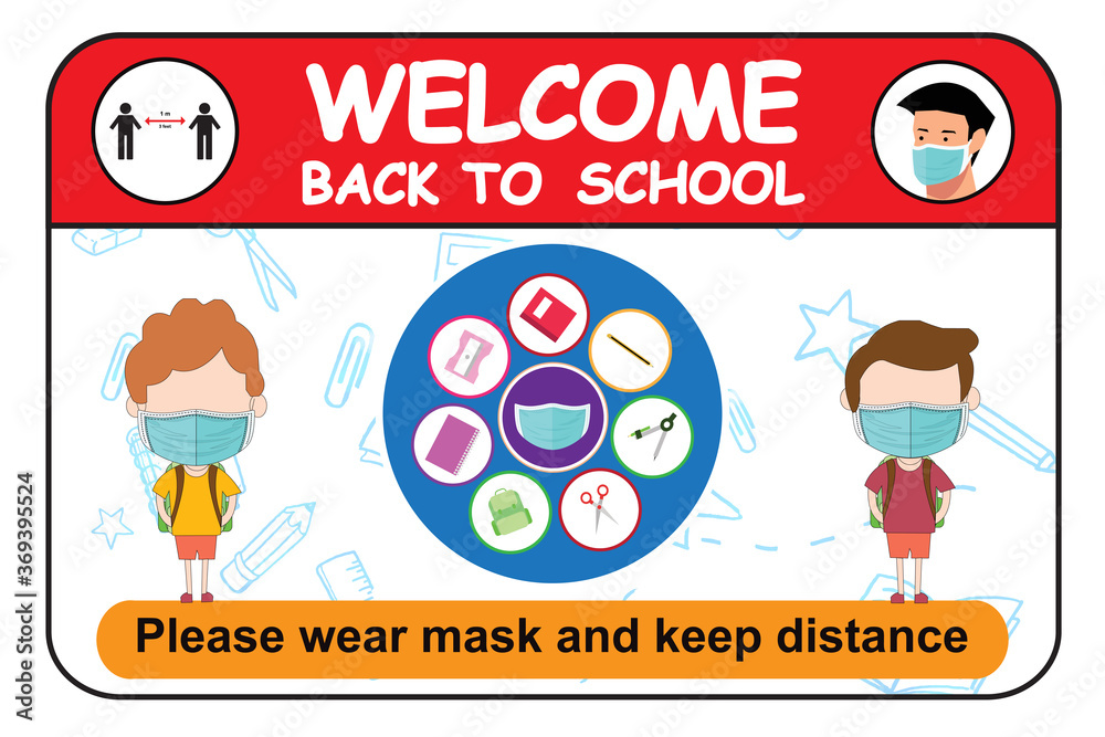 welcome back to school, keep your distance and wear a mask. vector ...