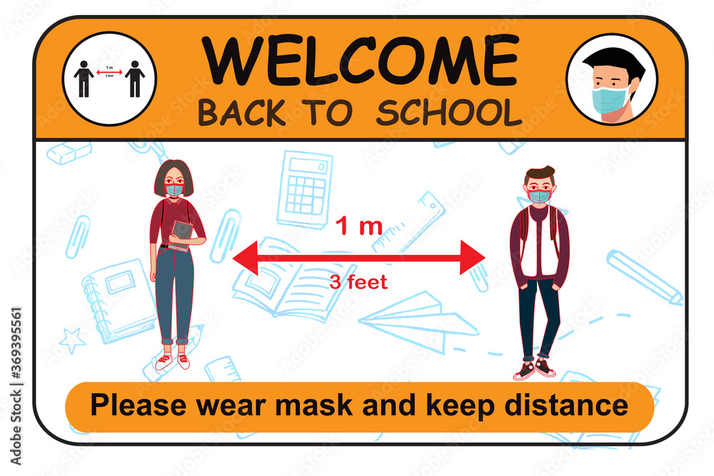 welcome back to school, keep your distance and wear a mask. vector ...