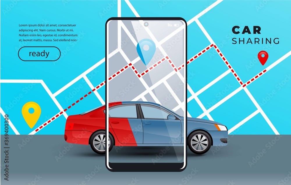 Car sharing service mobile display illustration map background Stock ...