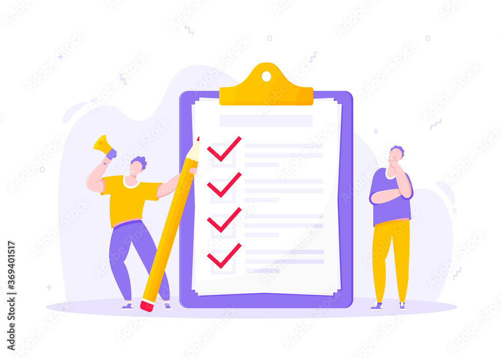 Task done business concept with tiny persons with megaphone, pencil ...