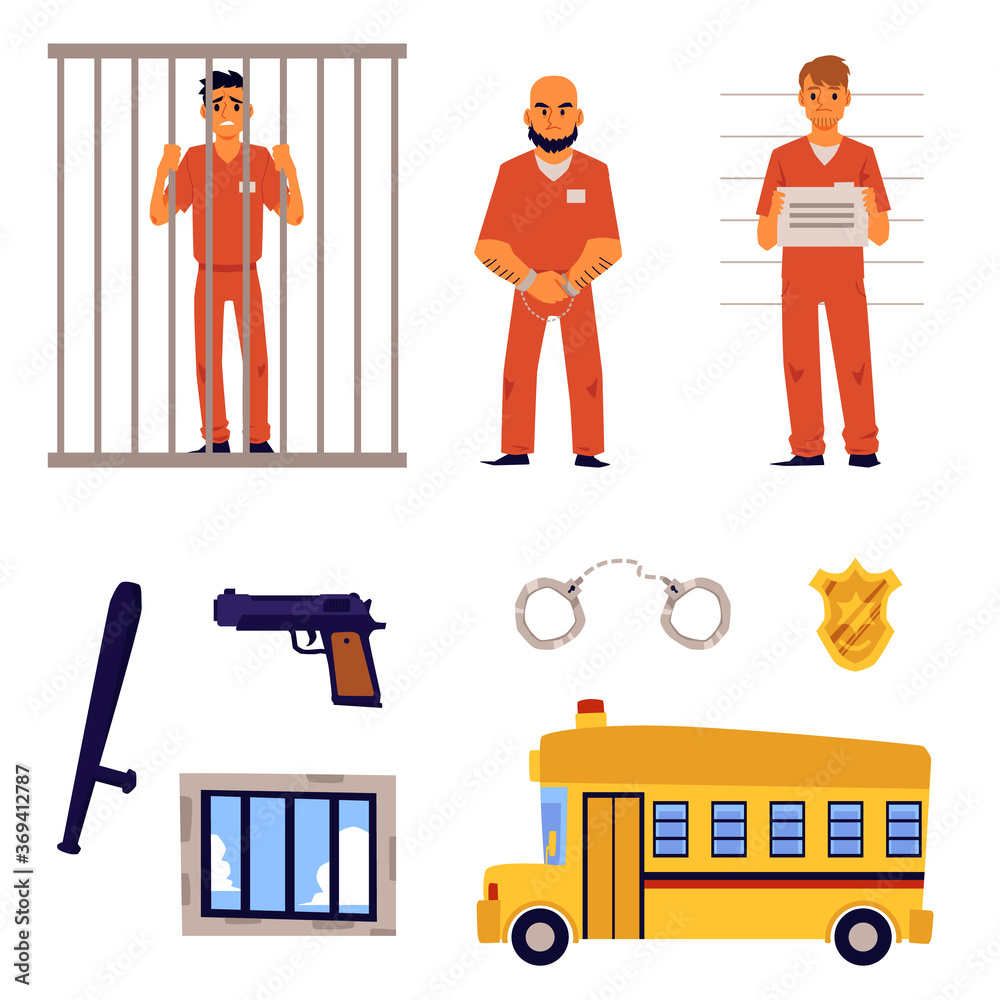 Crime and prison set with inmate characters flat vector illustration ...