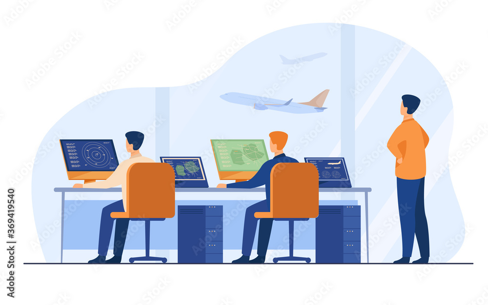 Flight control center isolated flat vector illustration. Cartoon ...
